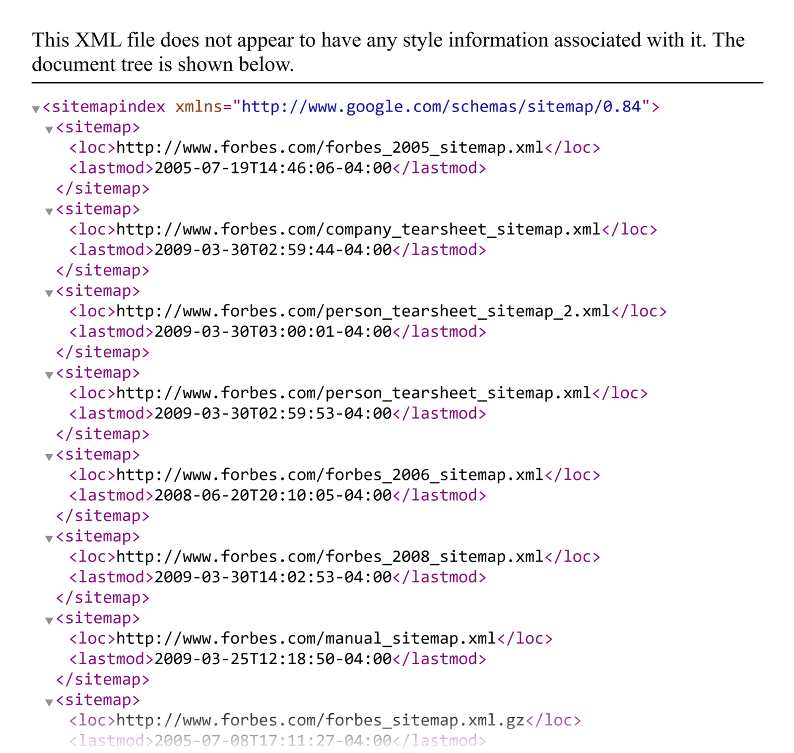 This is an index of multiple sitemaps, like /forbes_2008_sitemap.xml and /news_sitemap.xml.